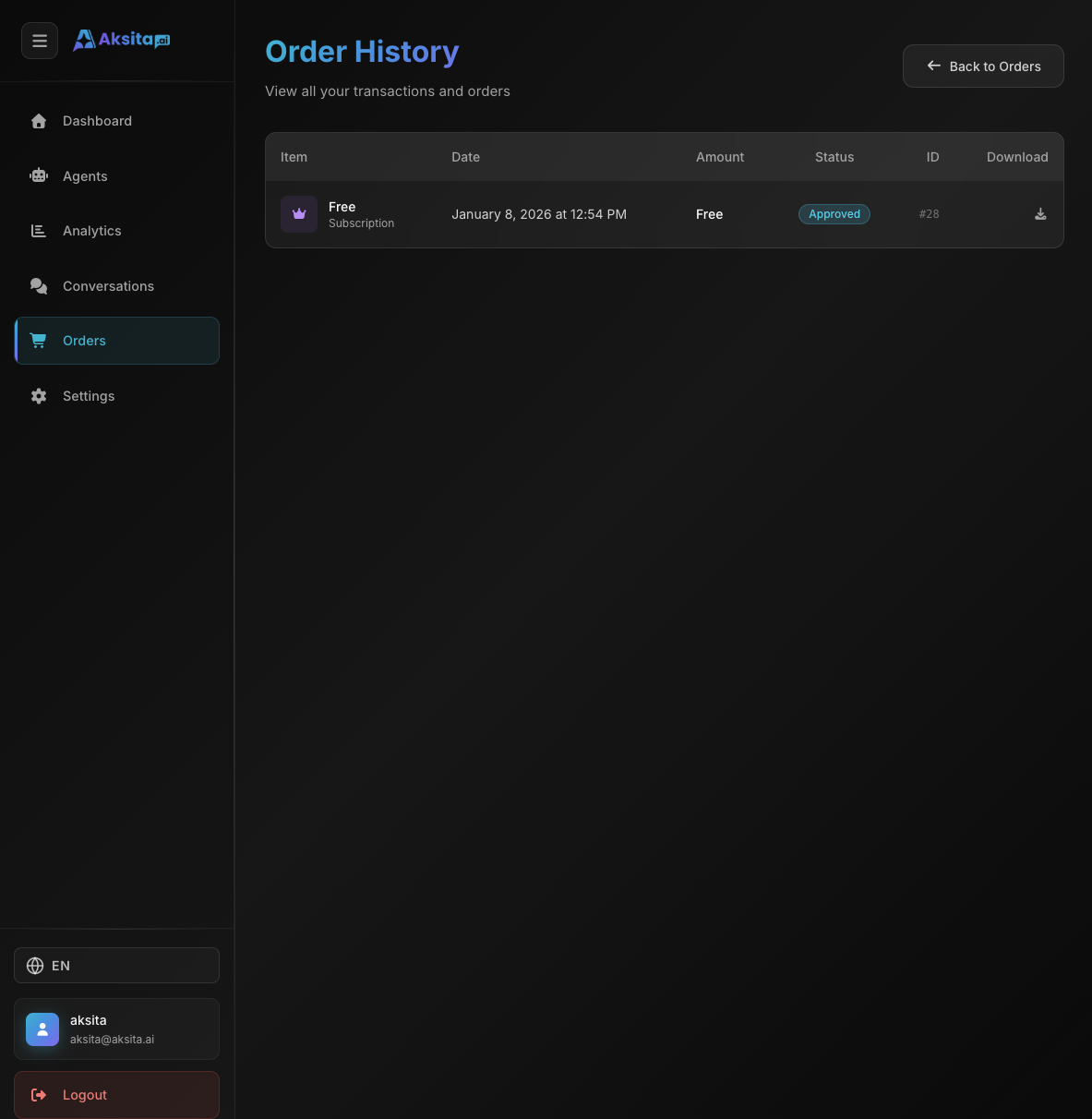 Order History - Panduan Billing - Aksita.ai