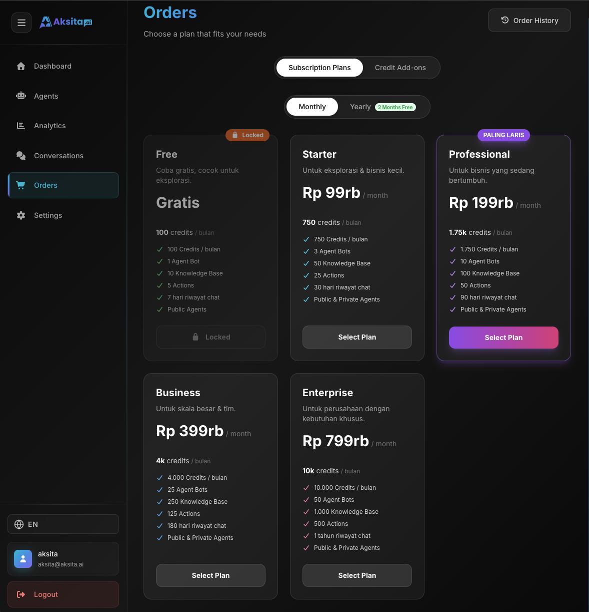 Paket Langganan - Panduan Billing - Aksita.ai